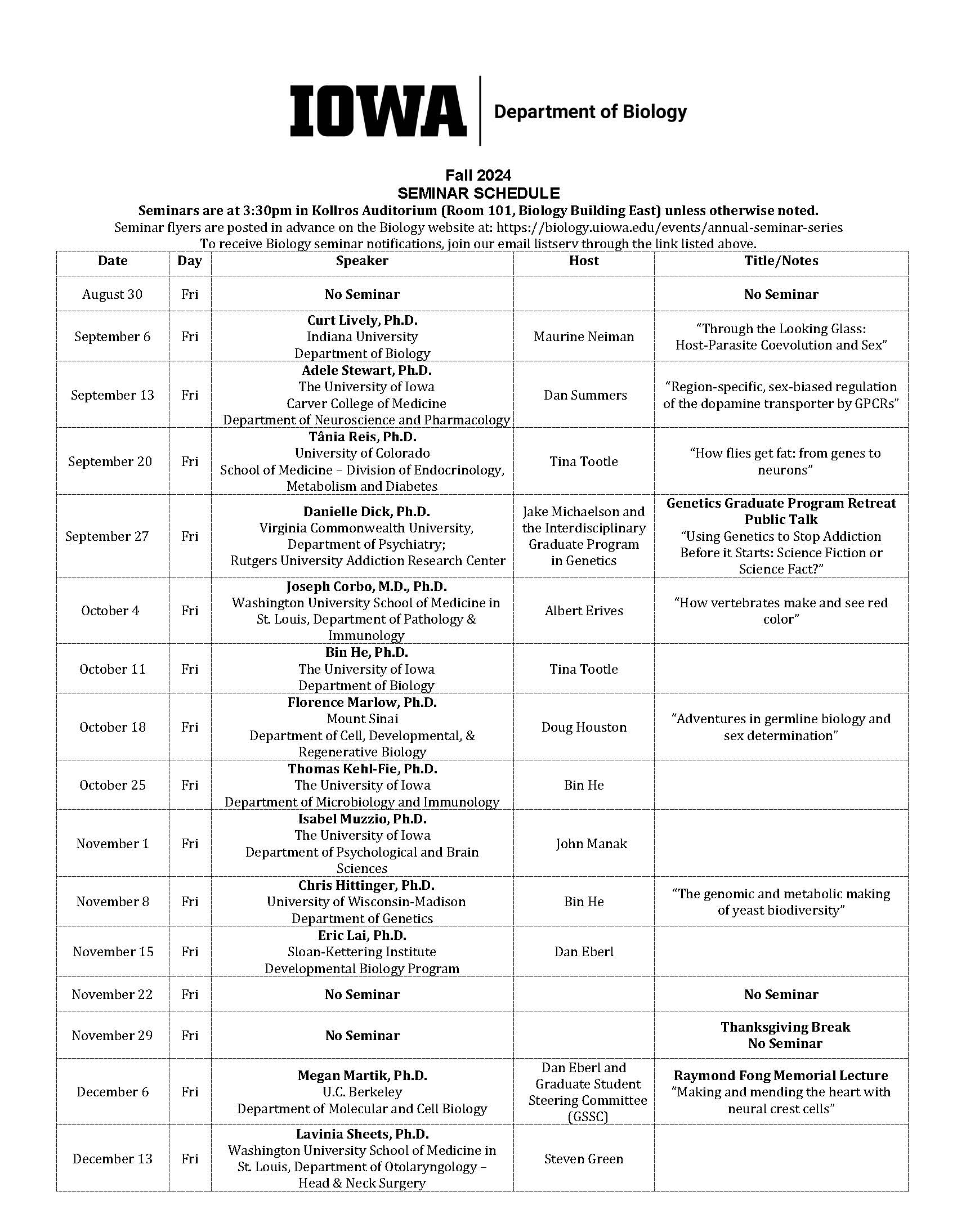 Department of Biology releases Fall Semester Seminar Schedules | Biology - College of Liberal ...